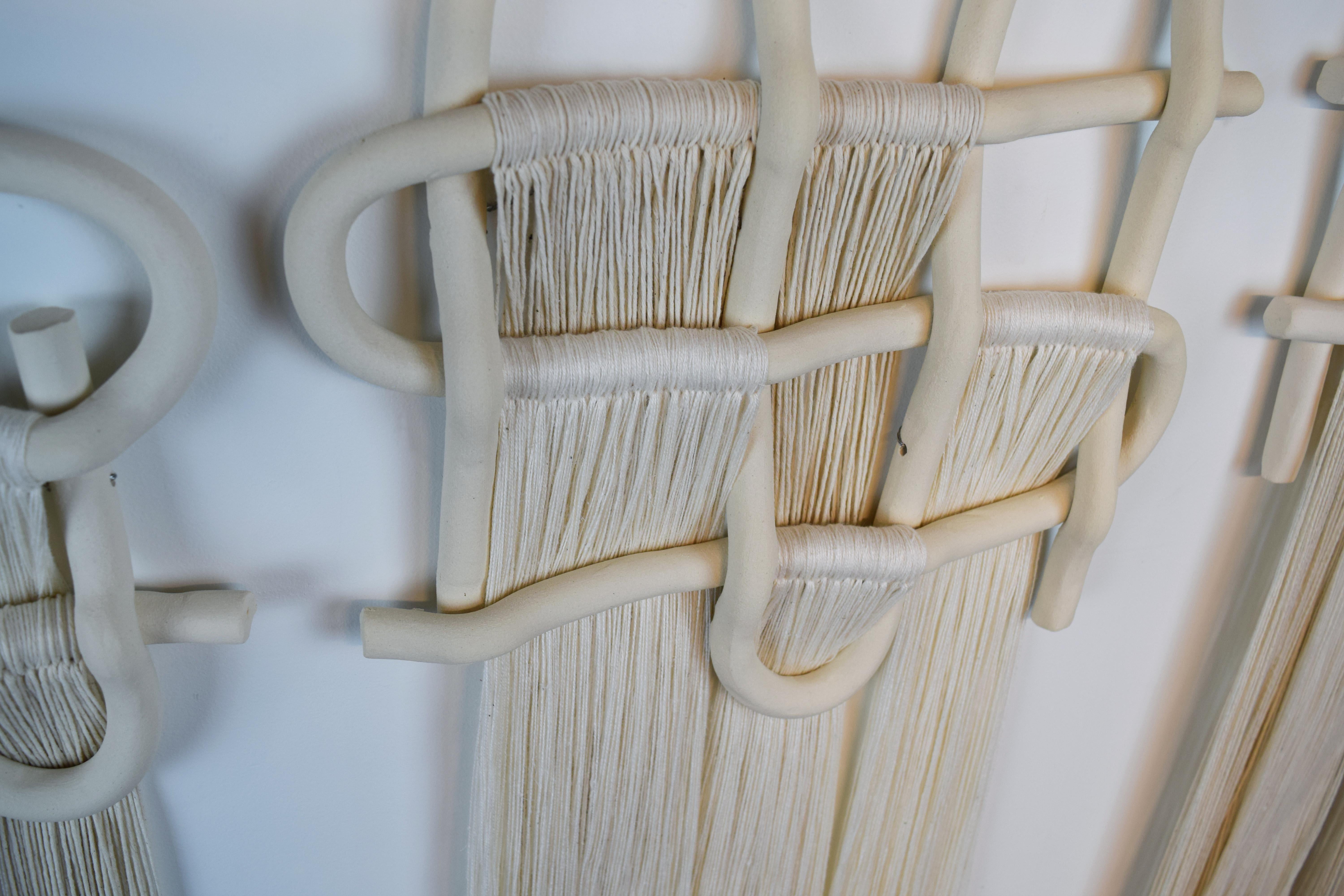 Ceramic and Woven Cotton Wall Sculpture #758, Unglazed Stoneware with ...