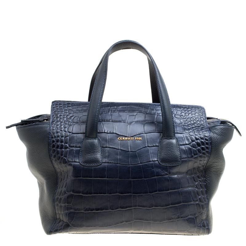 Cerruti 1881 Navy Blue Croc Embossed Leather Shopper Tote For Sale at ...