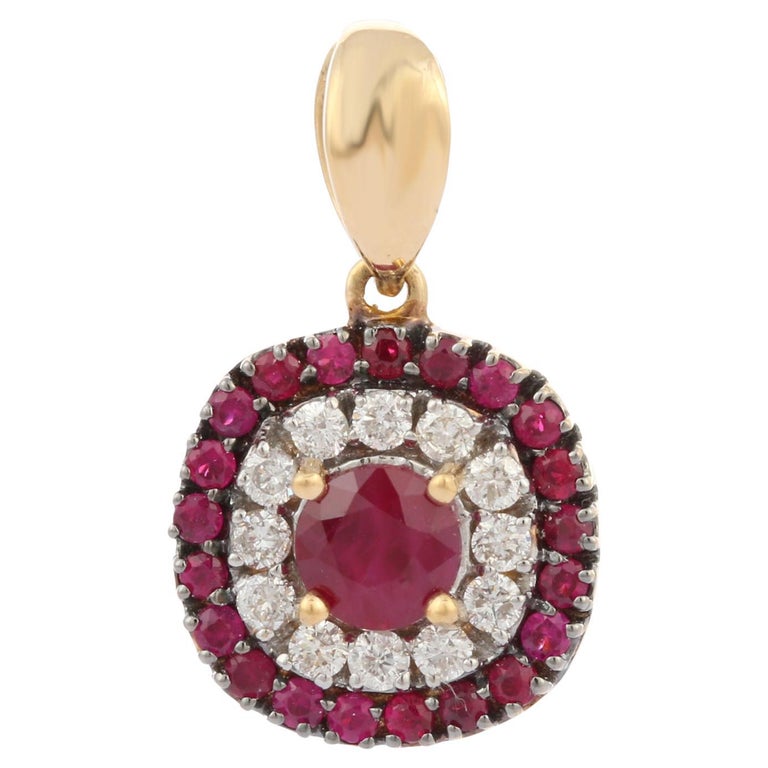 Certified 14K Yellow Gold Dainty Designer Ruby Diamond Cushion Pendant ...