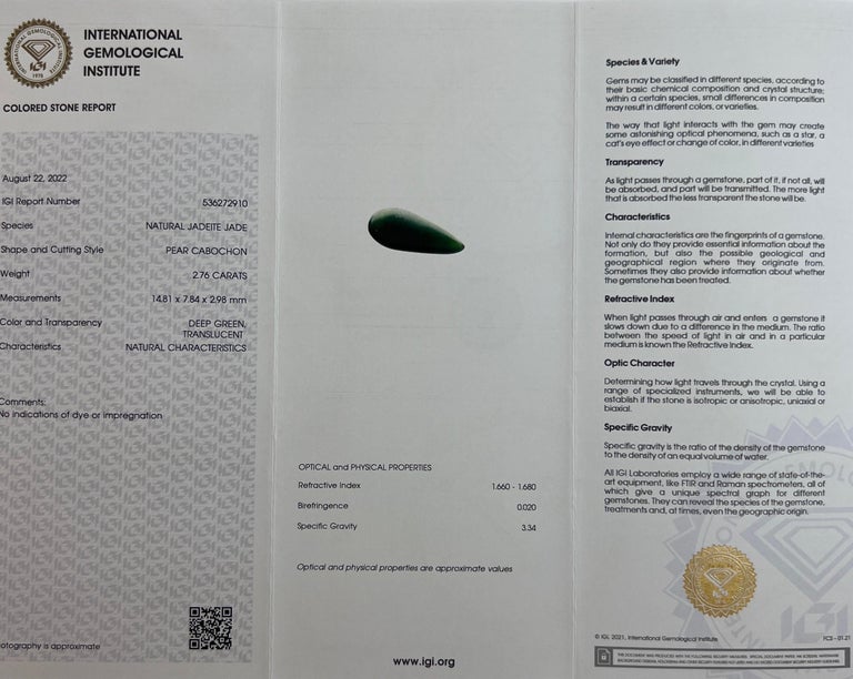 Certified 2.76 Carat Jadeite A-Grade Jade Green Pear Untreated 18k Gold ...