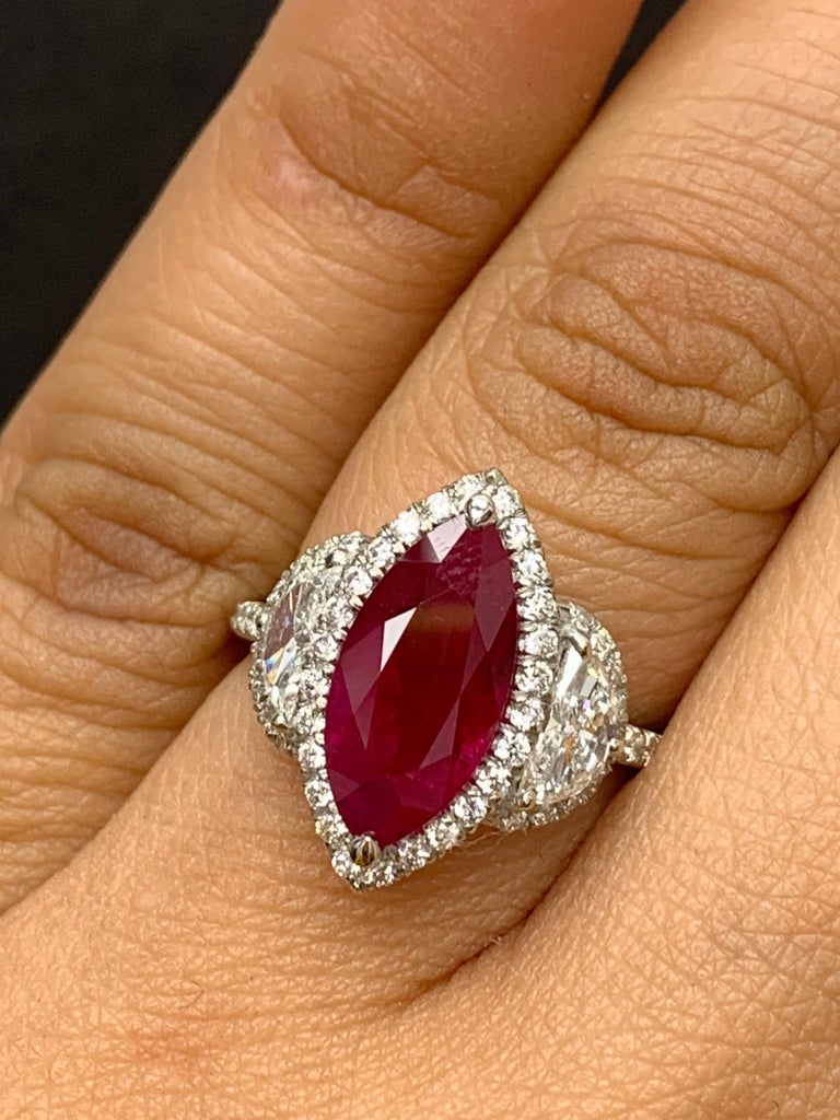 Certified 3.01 Carat Marquise Cut Burma Ruby Diamond 3 Stone Halo Ring Platinum For Sale at 1stDibs