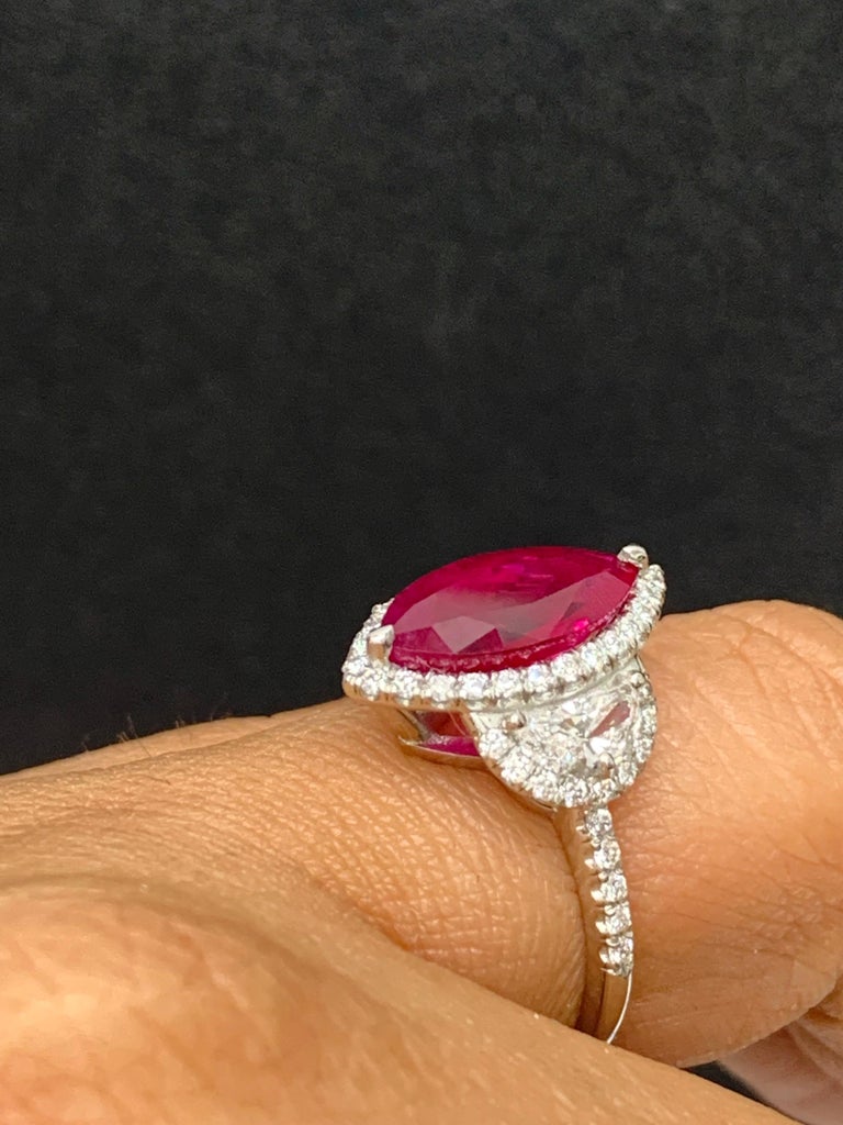 Certified 3.01 Carat Marquise Cut Burma Ruby Diamond 3 Stone Halo Ring Platinum For Sale at 1stDibs