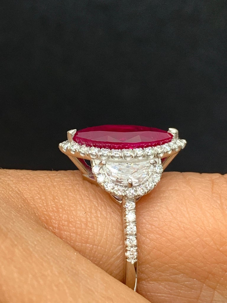 Certified 3.01 Carat Marquise Cut Burma Ruby Diamond 3 Stone Halo Ring Platinum For Sale at 1stDibs