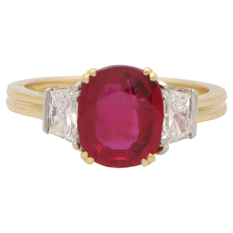 Certified 3.05ct Ruby and Diamond Three Stone Ring Set in 18k Yellow ...