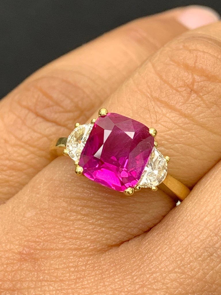 Certified 3.07 Carat Cushion Cut Ruby and Diamond Three-Stone ...