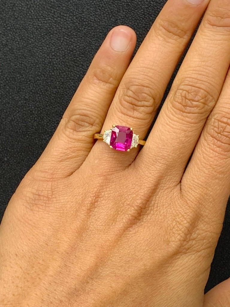 Certified 3.07 Carat Cushion Cut Ruby and Diamond Three-Stone ...