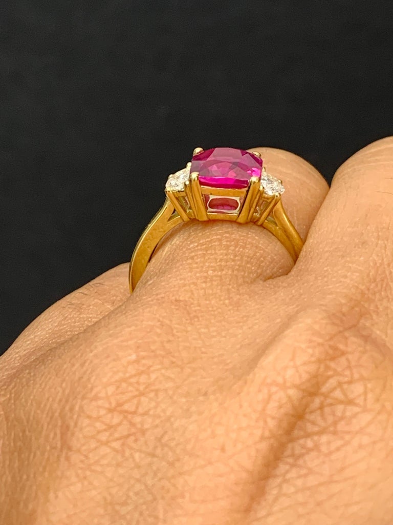 Certified 3.07 Carat Cushion Cut Ruby and Diamond Three-Stone Engagement Ring For Sale at 1stDibs