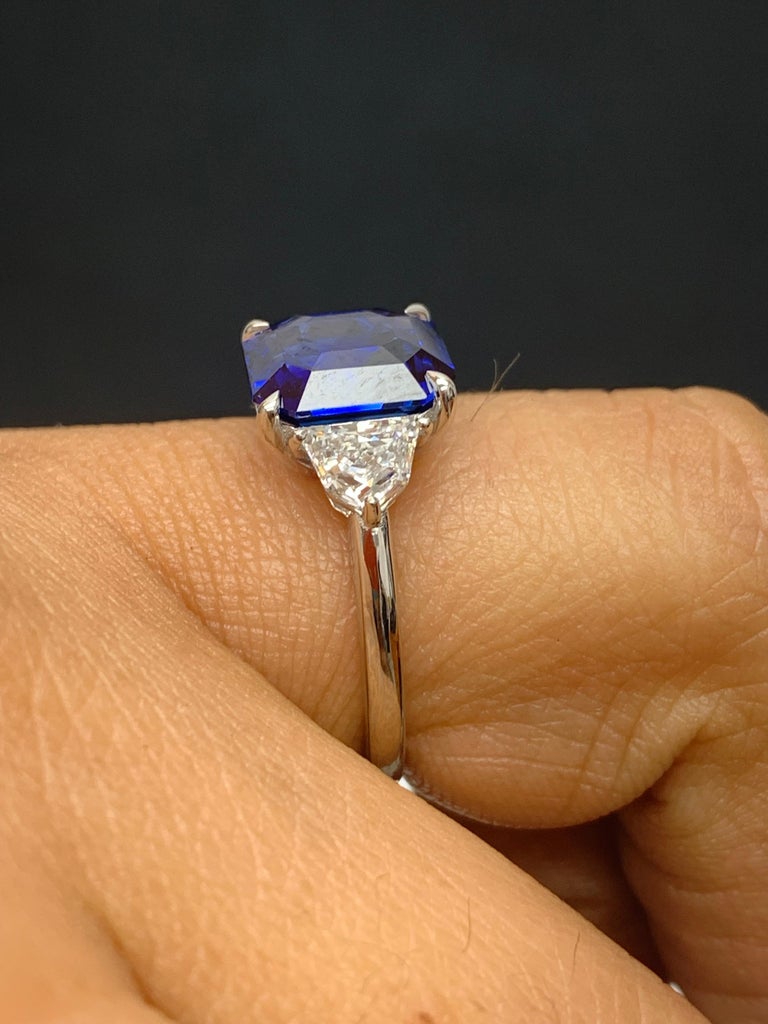 Certified 3.58 Carat Emerald Cut Sapphire and Diamond Engagement Ring ...