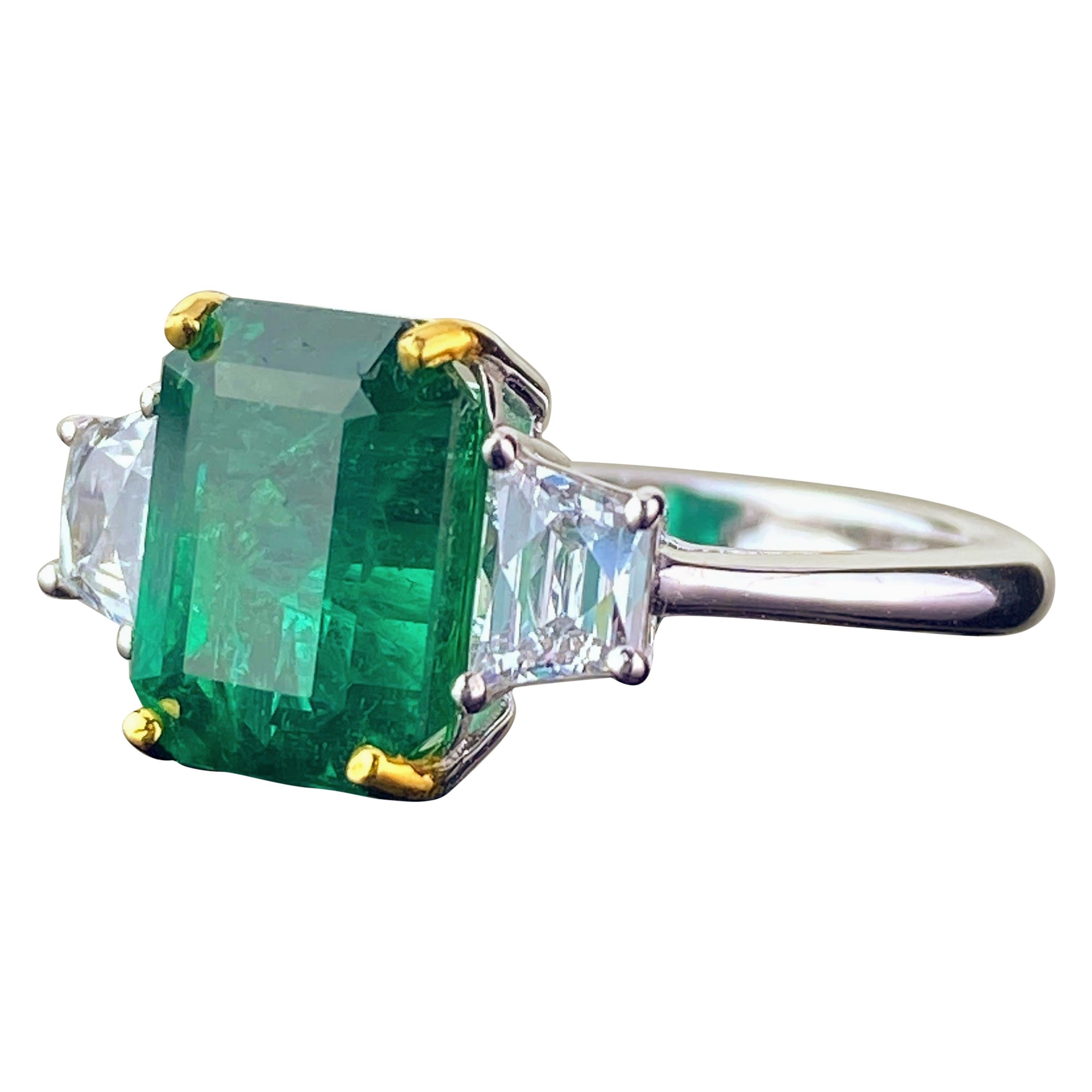 Certified 3.82 Carat Emerald and Diamond Three-Stone Engagement Ring ...