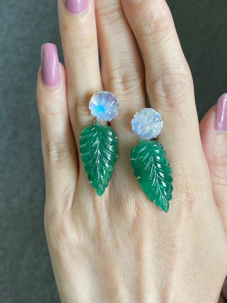 Certified 42.08 Carat Carved Emerald and Carved Moonstone Dangle ...