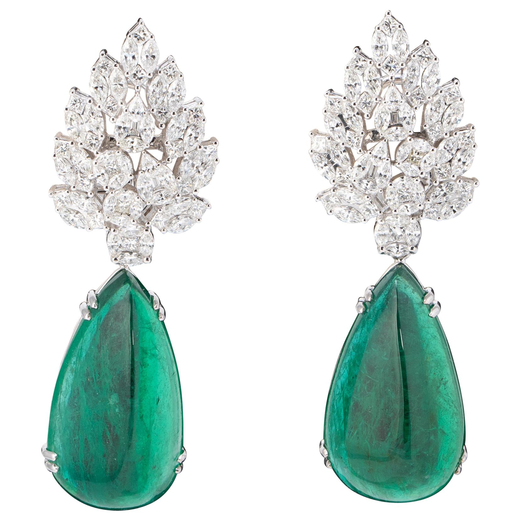 Pear Shape Emerald and Diamond 18 Carat White Gold Drop Earrings at 1stDibs