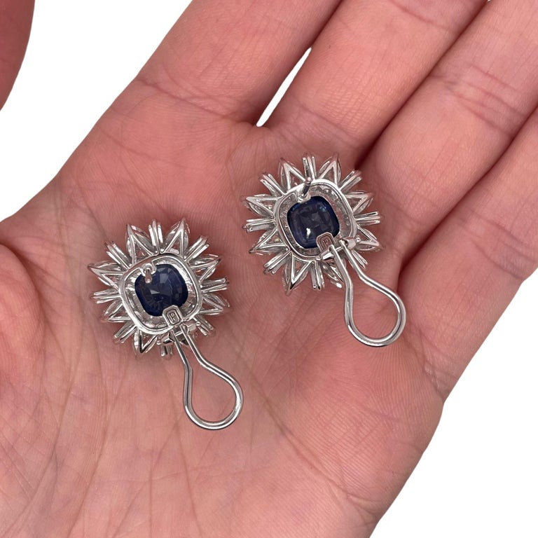 Certified Cushion Sapphire and Diamond Burst Earrings in 18K White Gold ...