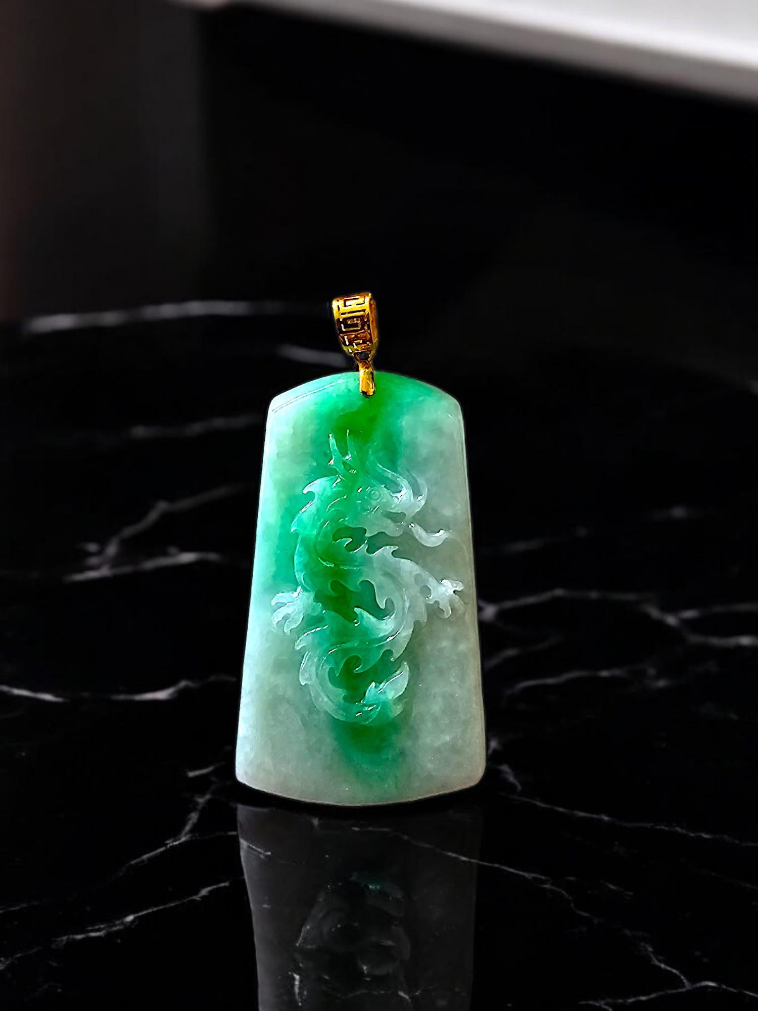 Certified Dragon Carving Burmese Green A-Jade Jadeite Pendant w/ 18K ...