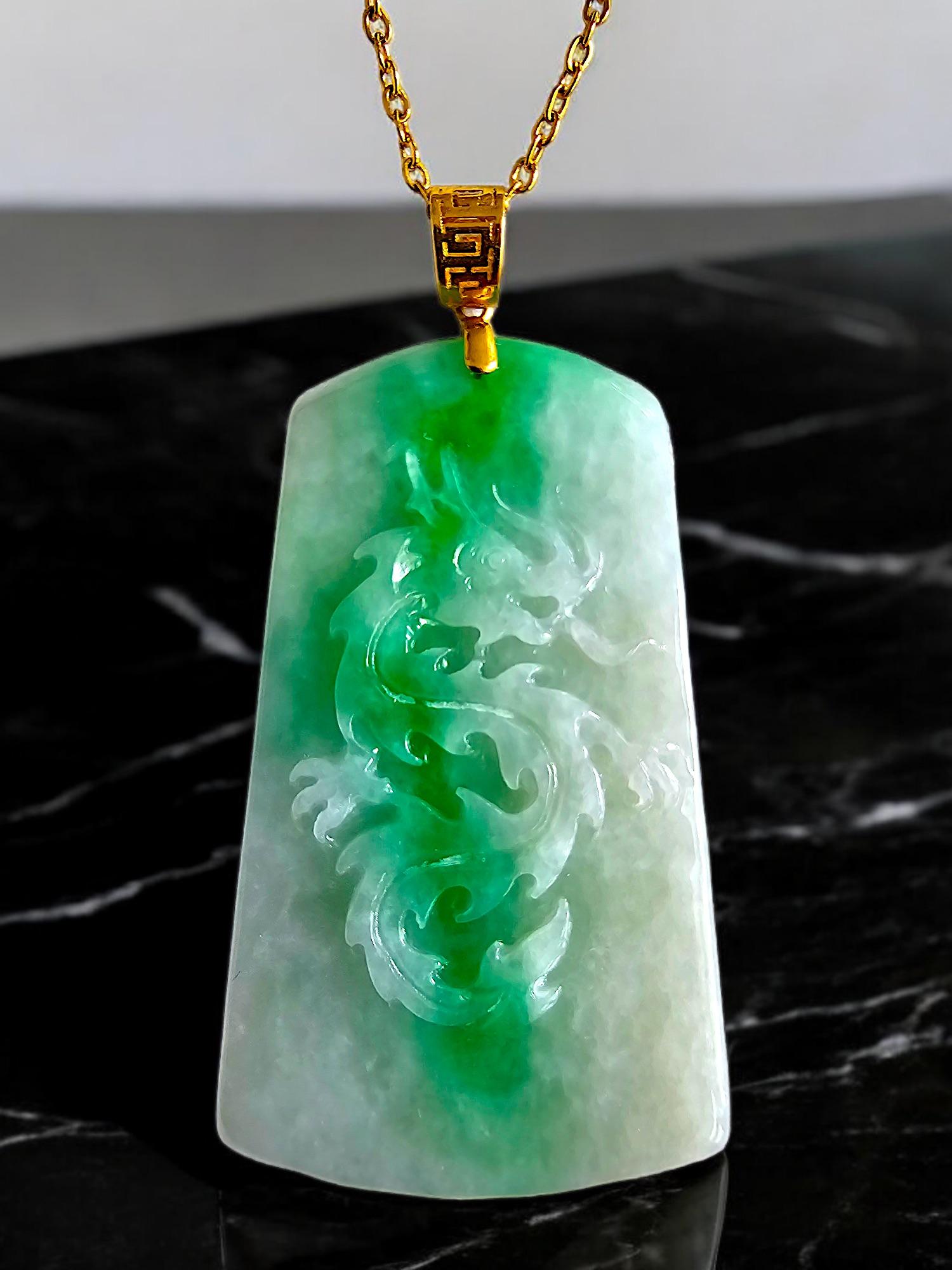Certified Dragon Carving Burmese Green A-Jade Jadeite Pendant w/ 18K ...