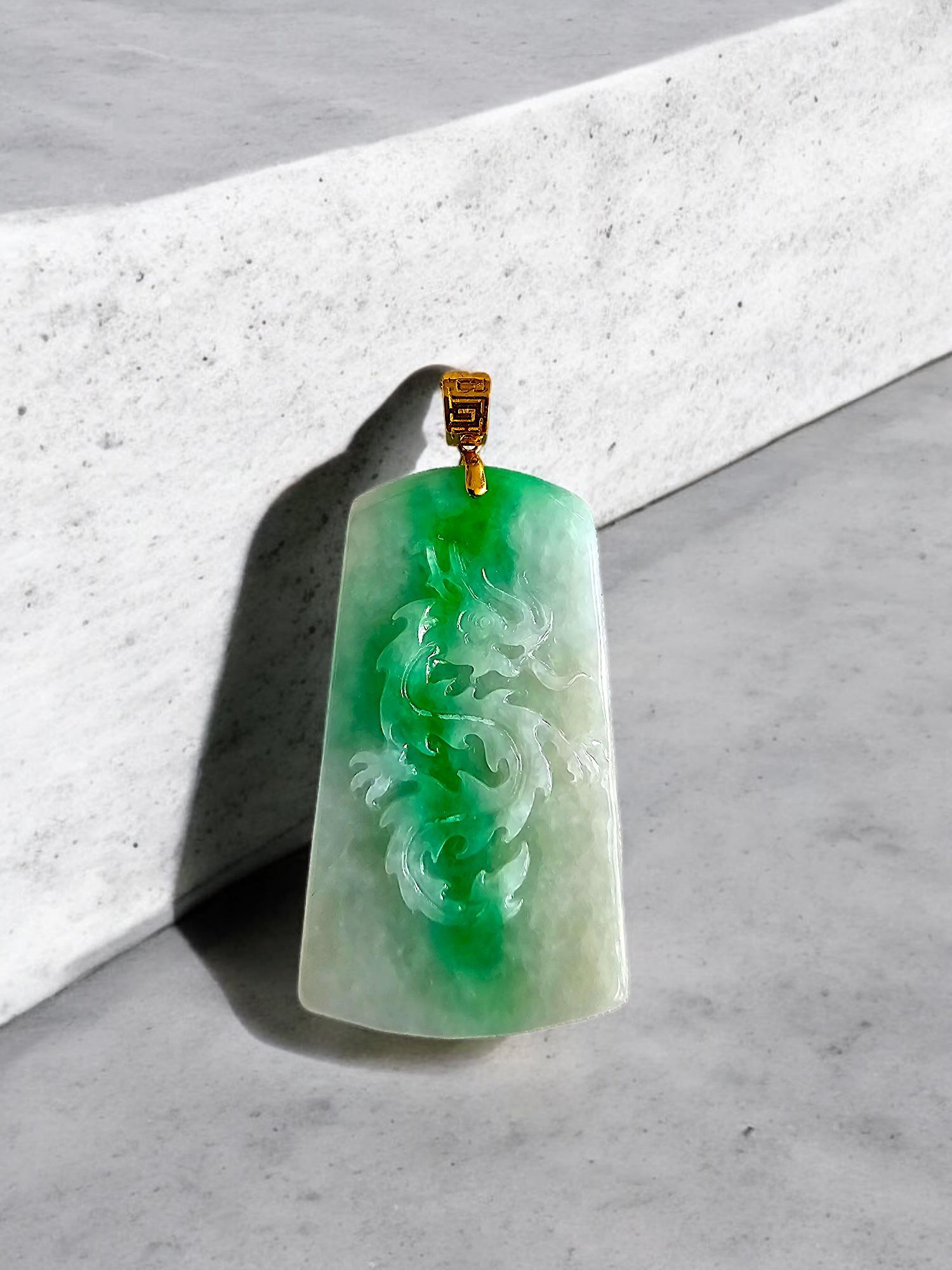 Certified Dragon Carving Burmese Green A-Jade Jadeite Pendant w/ 18K ...