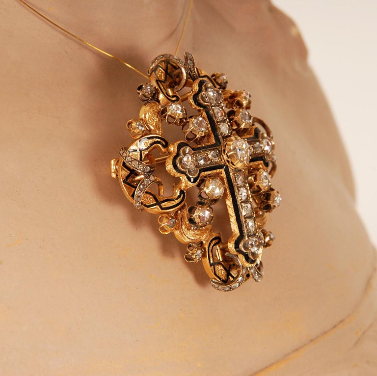 Certified Gold Diamond Renaissance Cross Rose Cut Diamond Enamel ...