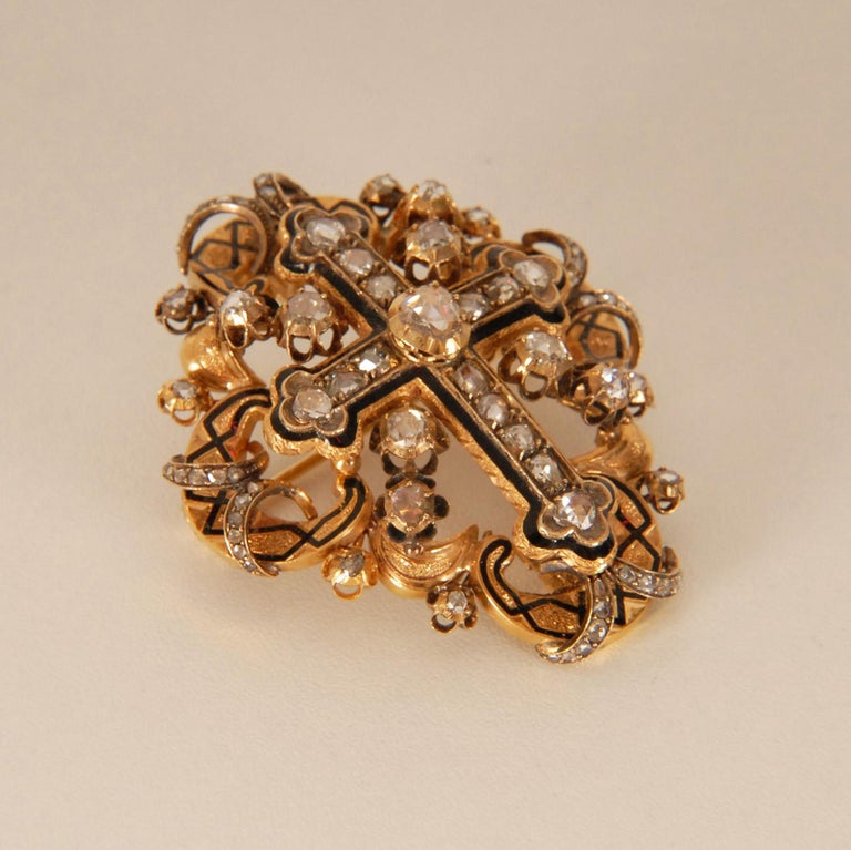 Certified Gold Diamond Renaissance Cross Rose Cut Diamond Enamel ...