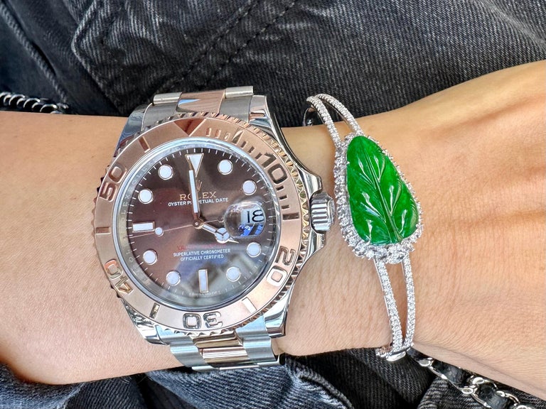 Certified Icy Apple Green Jade and Rose Cut Diamond Bangle Bracelet ...