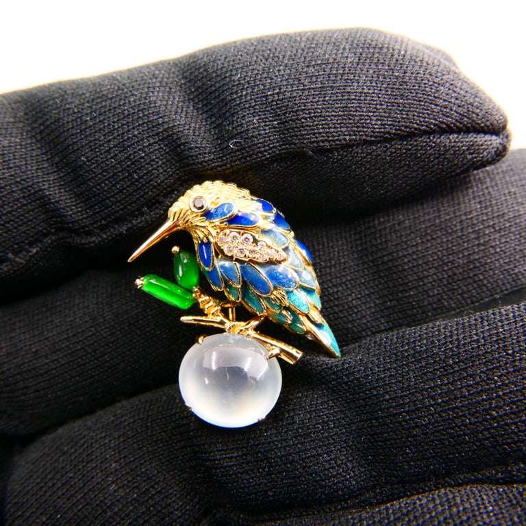 Certified Icy and Imperial Jade Diamond Hummingbird Brooch, Fine Enamel ...