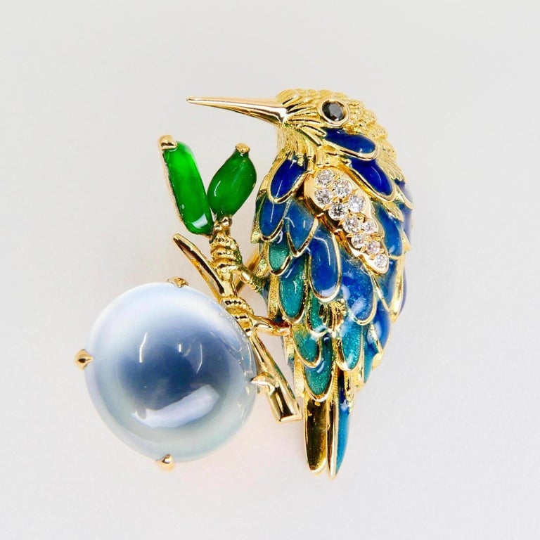 Certified Icy and Imperial Jade Diamond Hummingbird Brooch, Fine Enamel ...