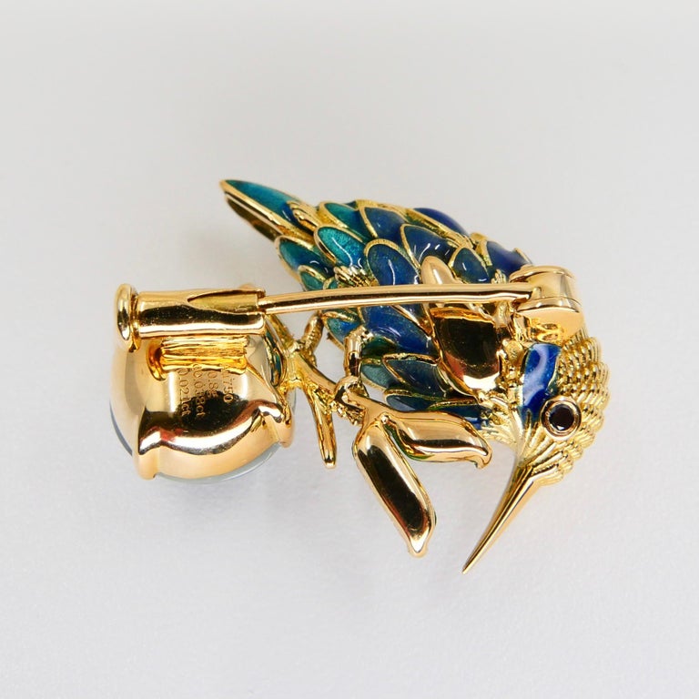 Certified Icy and Imperial Jade Diamond Hummingbird Brooch, Fine Enamel ...