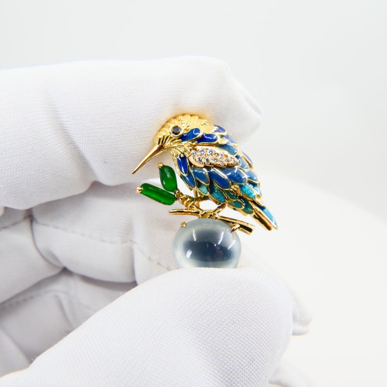 Certified Icy and Imperial Jade Diamond Hummingbird Brooch, Fine Enamel ...