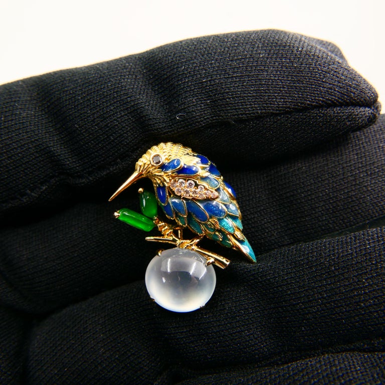 Certified Icy and Imperial Jade Diamond Hummingbird Brooch, Fine Enamel ...