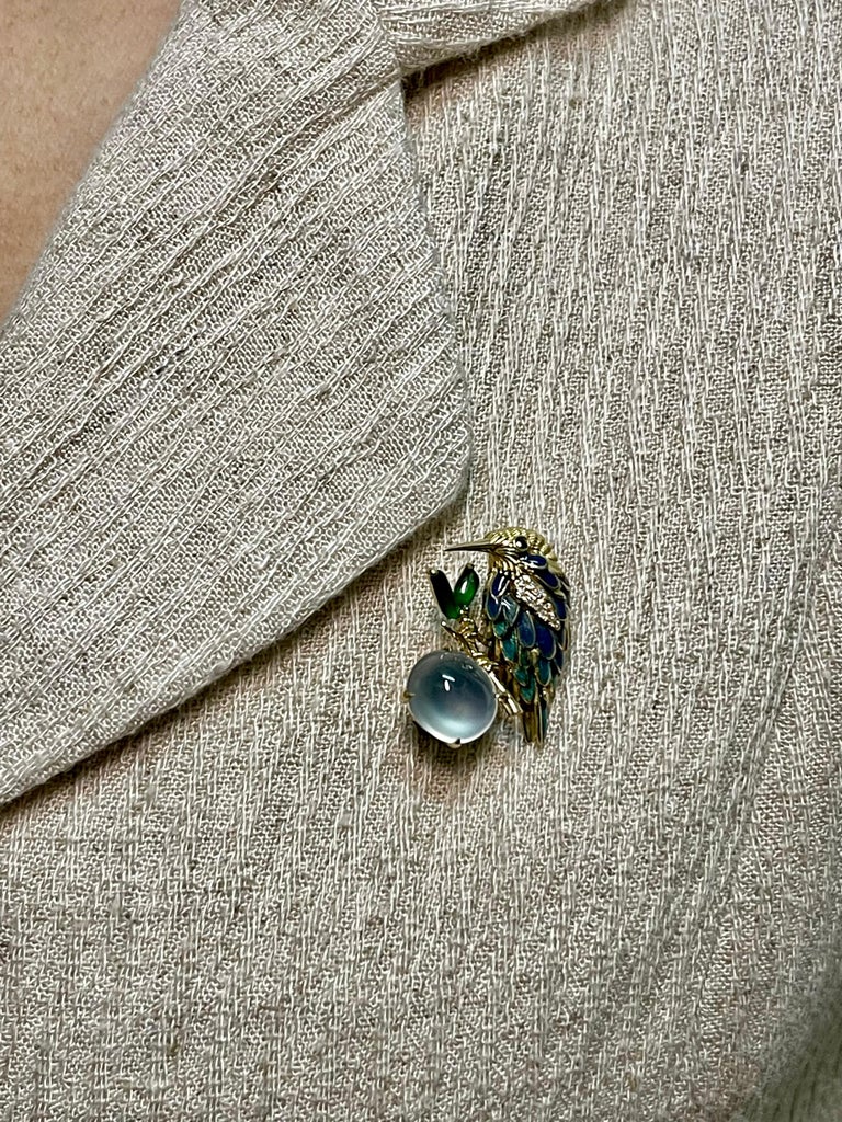 Certified Icy and Imperial Jade Diamond Hummingbird Brooch, Fine Enamel ...