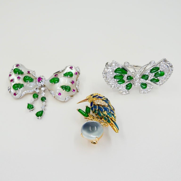 Certified Icy and Imperial Jade Diamond Hummingbird Brooch, Fine Enamel ...