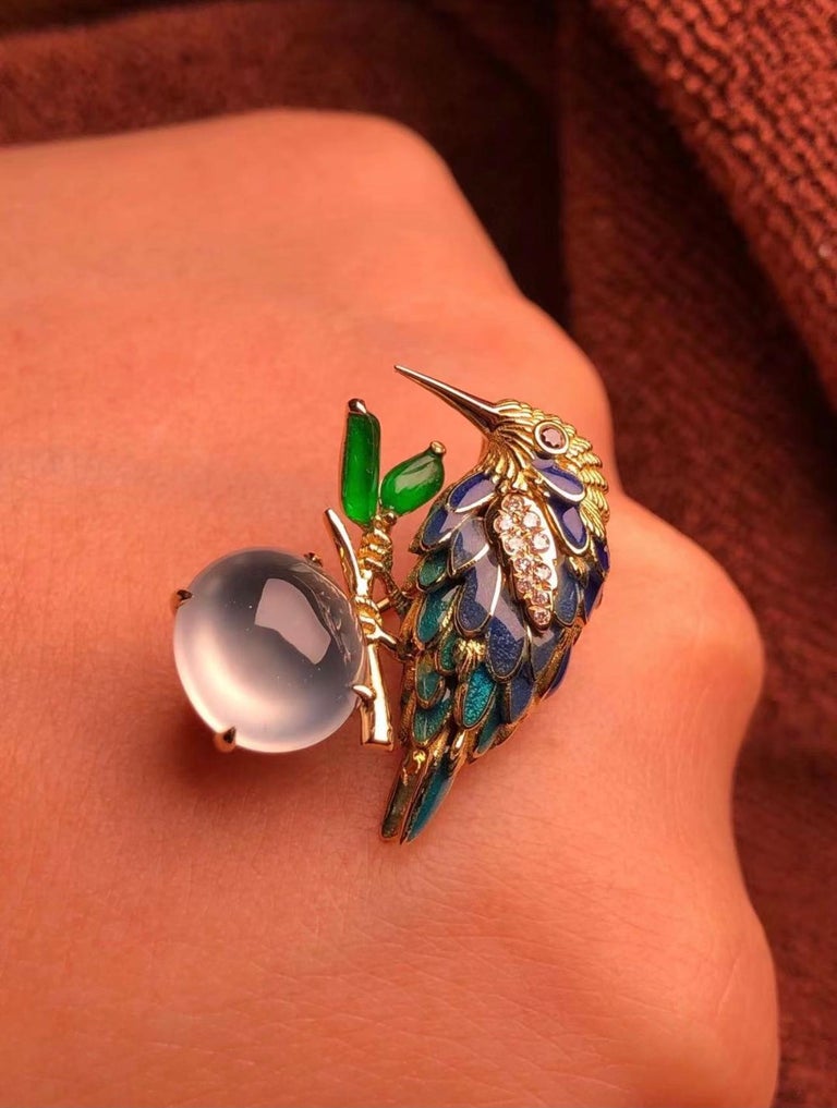 Certified Icy and Imperial Jade Diamond Hummingbird Brooch, Fine Enamel ...