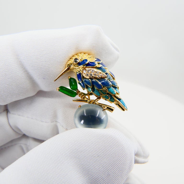 Certified Icy and Imperial Jade Diamond Hummingbird Brooch, Fine Enamel ...