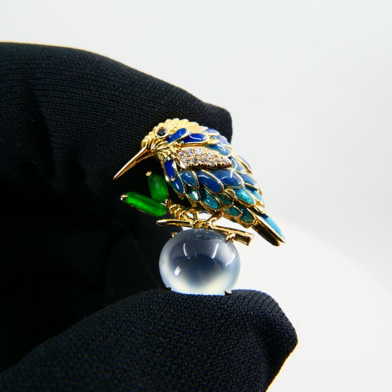 Certified Icy and Imperial Jade Diamond Hummingbird Brooch, Fine Enamel ...