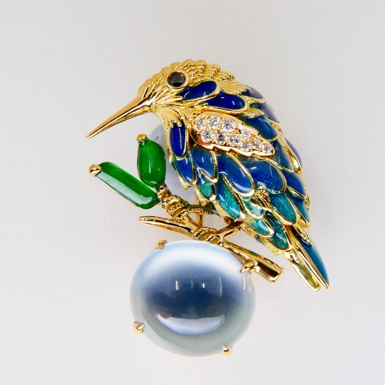 Certified Icy and Imperial Jade Diamond Hummingbird Brooch, Fine Enamel ...