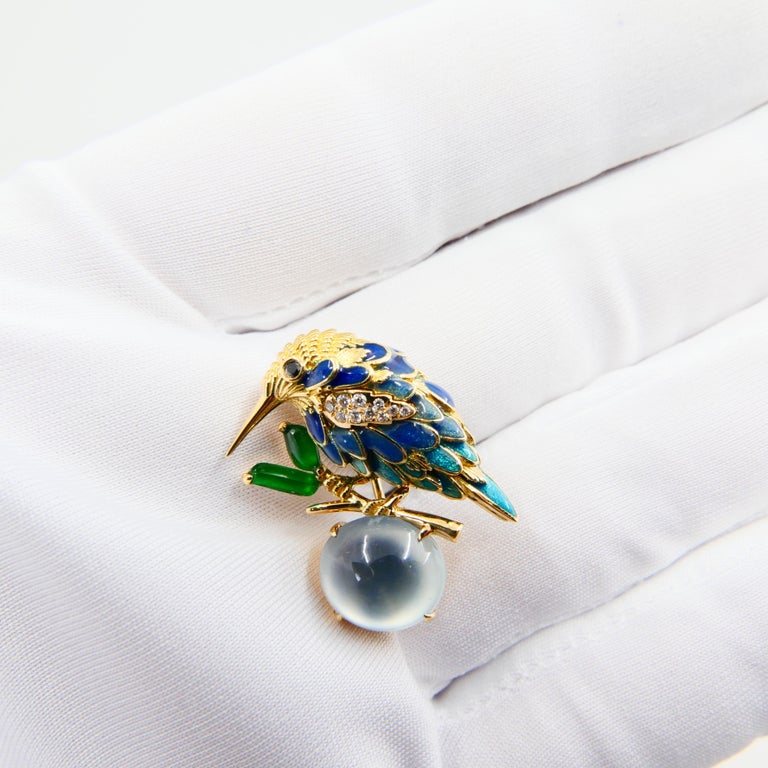 Certified Icy and Imperial Jade Diamond Hummingbird Brooch, Fine Enamel ...