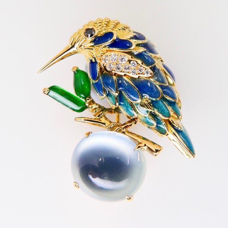 Certified Icy and Imperial Jade Diamond Hummingbird Brooch, Fine Enamel ...