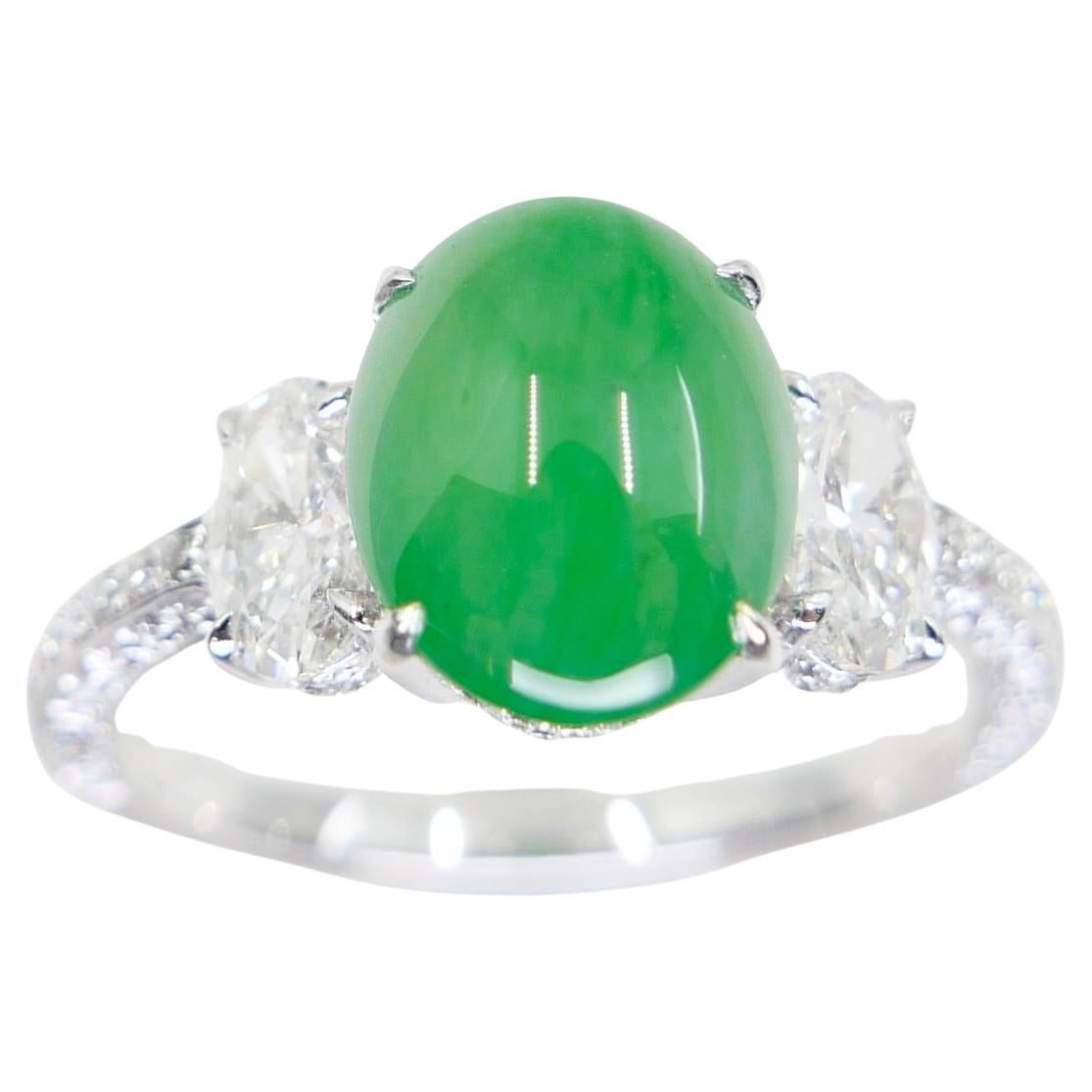Certified Jade and Natural Oval Diamond Cocktail Ring, True Apple Green ...
