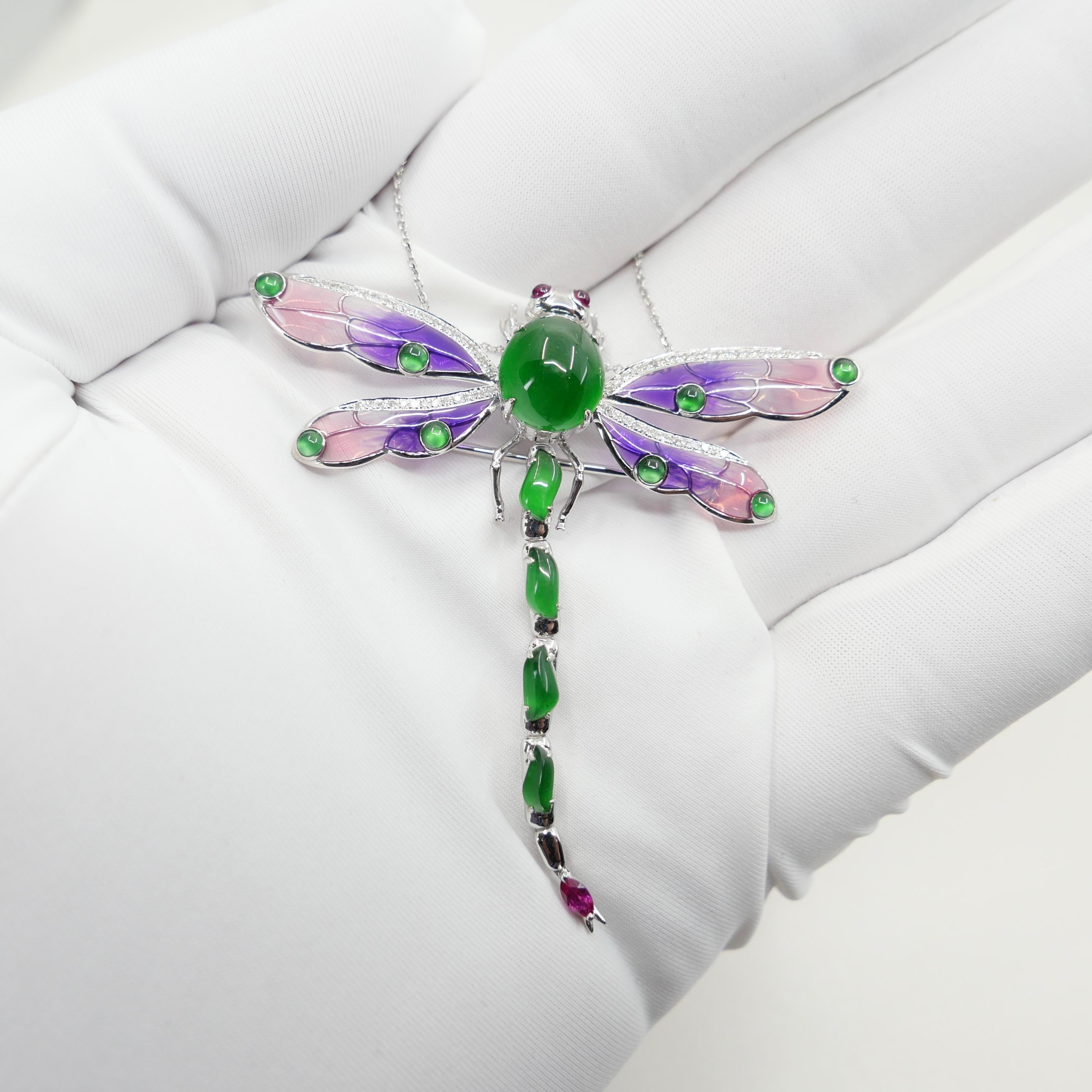 Certified Jade, Ruby, Diamond and Enameled Dragonfly Pendant / Brooch ...
