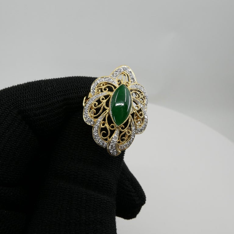 Certified Jadeite Jade and Diamond Cocktail Ring, Intense Apple Green ...