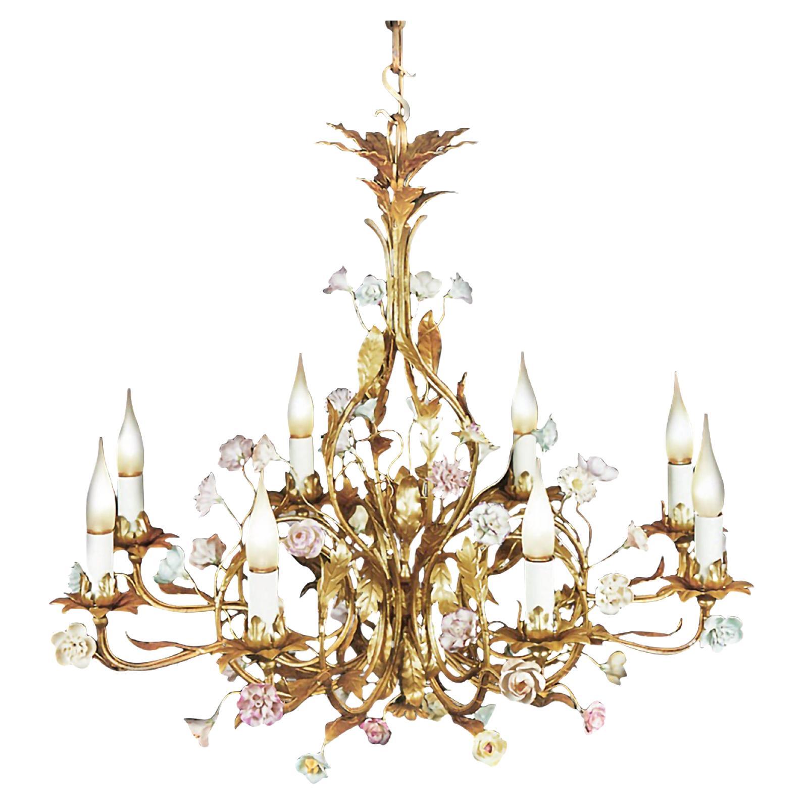 Certified Maison Bagues Chandelier, 8 Lights Iron and Saxon Porcelain ...