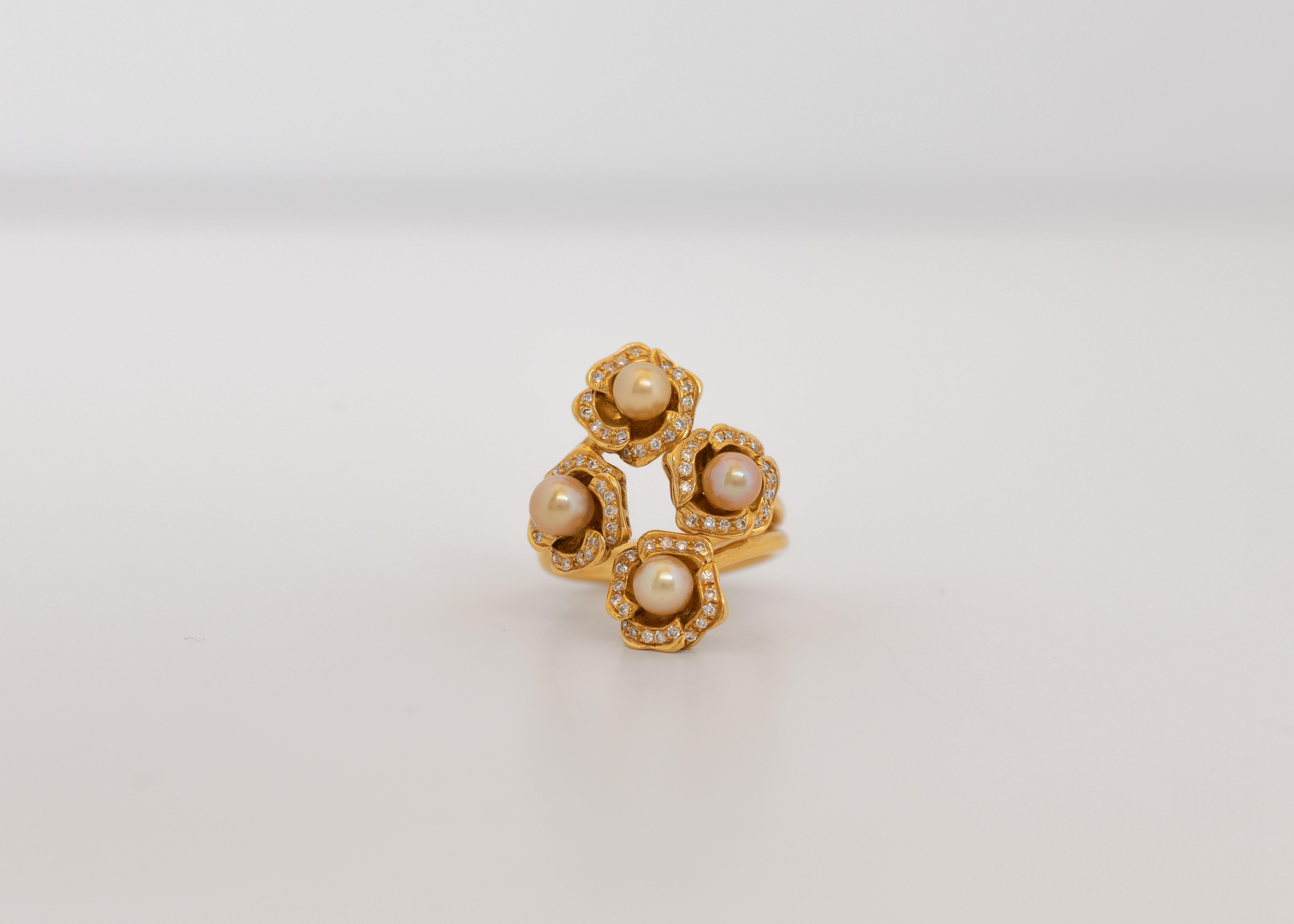 Certified Natural Bahraini Pearls Flowers Ring with Diamonds in 18 ...