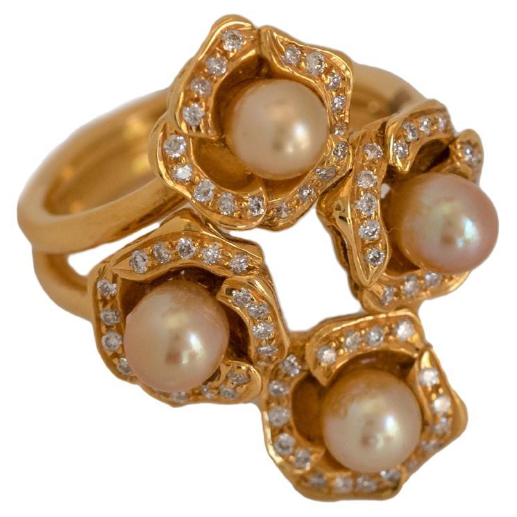 Certified Natural Bahraini Pearls Flowers Ring with Diamonds in 18 ...