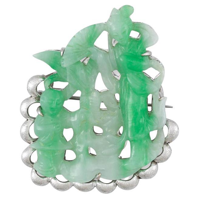 Antique Carved Jade with Natural Pearl Brooch at 1stDibs
