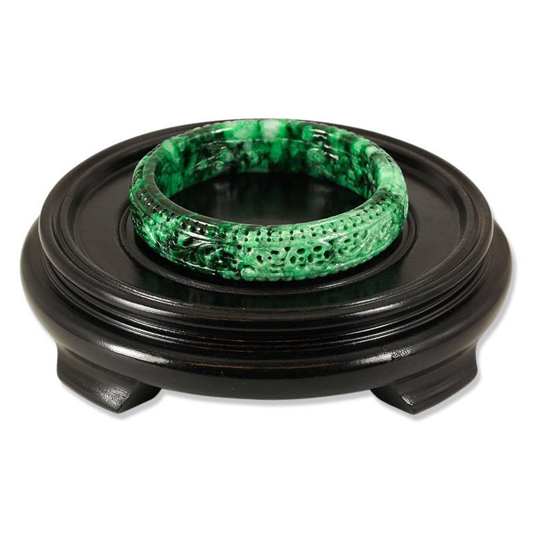 Certified Natural Carved Vivid Green Jadeite Jade Half Round Bangle at ...