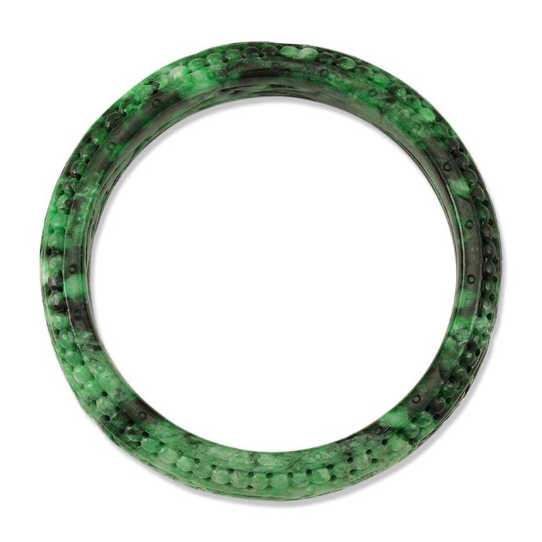 Certified Natural Carved Vivid Green Jadeite Jade Half Round Bangle at ...