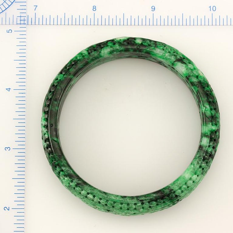 Certified Natural Carved Vivid Green Jadeite Jade Half Round Bangle at ...