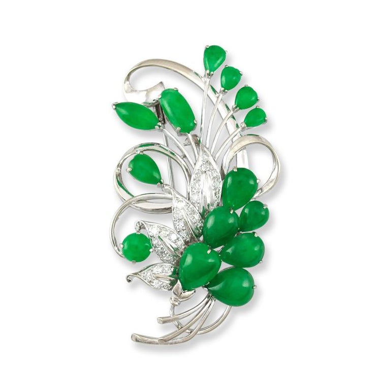 Certified Natural Green Jadeite Jade Cabochon and Diamond Estate Brooch ...