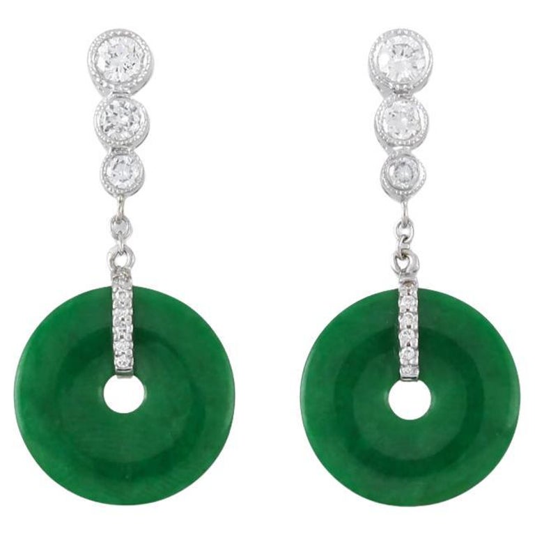 Certified Natural Green Jadeite Jade Pi Disc and Diamond Designer Drop ...