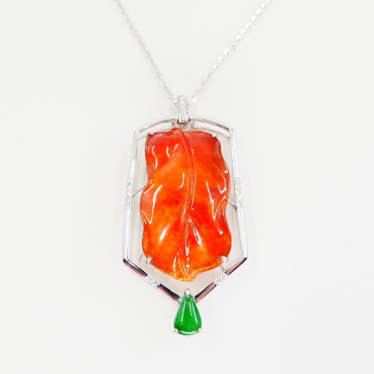 Certified Natural Icy Red Jade, Diamonds, Apple Green Jade Pendant Drop ...
