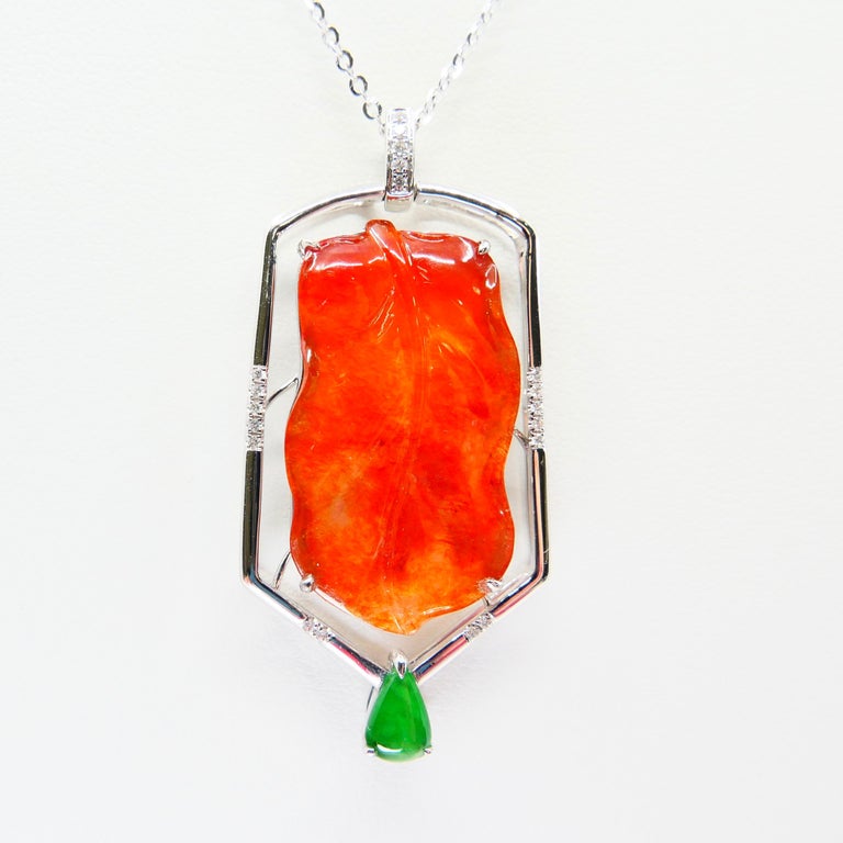 Certified Natural Icy Red Jade, Diamonds, Apple Green Jade Pendant Drop ...