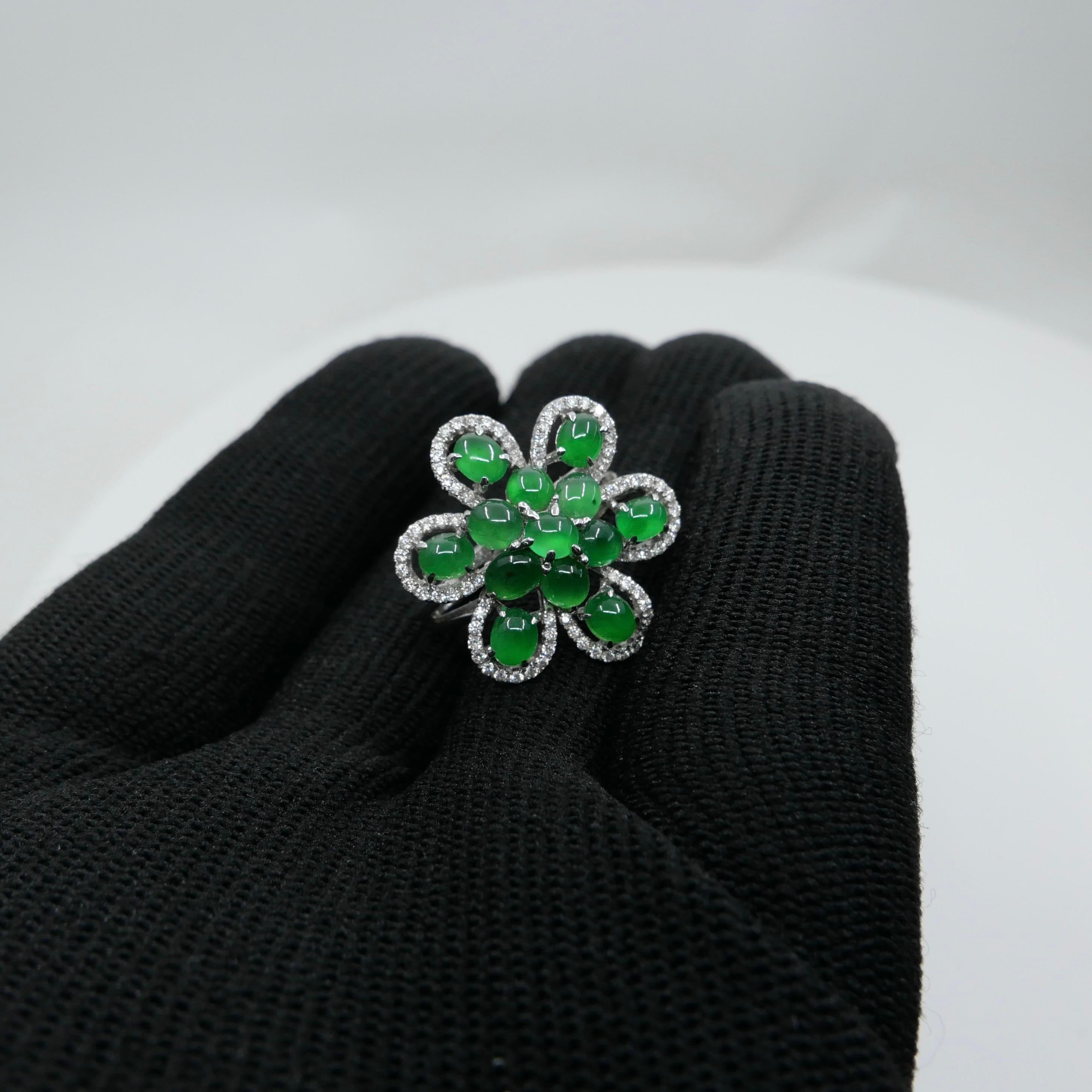 Certified Natural Jade Cluster and Diamond Cocktail Ring. Glowing Apple ...